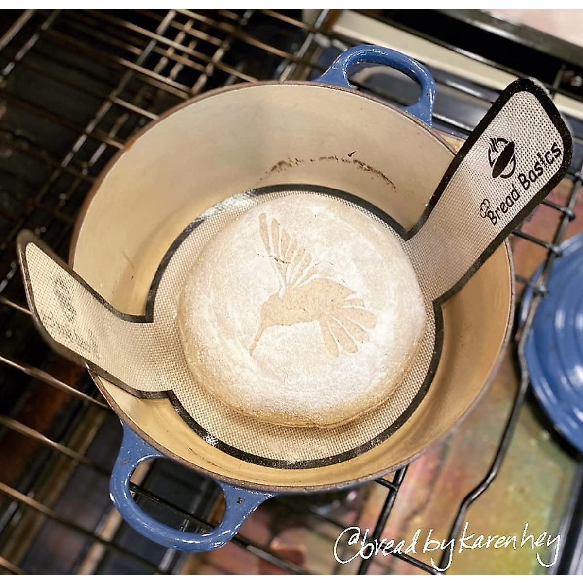 Bread Basics Silicone Baking Mat for Dutch Oven Bread Baking w/Storage Band - Long Handles for Gentler & Safer Transfer of Dough - Easy to Clean - Eco-Friendly Alternative for Parchment Paper - 8.3"