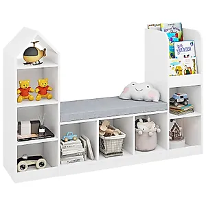Halitaa Kids Bookcase and Bookshelf with Reading Nook, Toy Storage Organizer for Kids, White Bookcase with 9 Storage Cubbies and Seat Cushion for Kids Room, Playroom, Bedroom, White