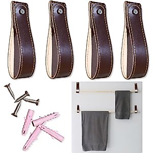 EPIGEAN Leather Curtain Rod Holder 4 Pcs Leather Straps for Hanging Genuine Leather Straps Leather Hooks for Wall Towel Bathroom Kitchen Bedroom (Dark Brown)