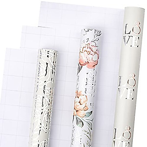 LeZakaa Silver Wrapping Paper Roll - Mini Roll - Flower & Love and Ring with Metallic Foil Design for Wedding, Engagement,Bridal Shower - 17 x 120 inches, 3 Rolls (42.5 sq.ft.ttl.)
