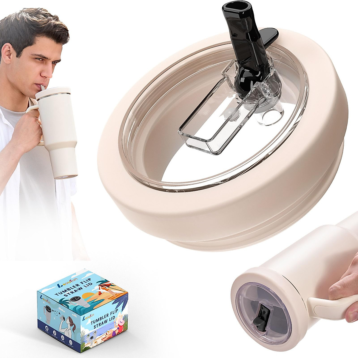 40 Oz Tumbler Flip Straw Lid for Stanley Quencher, Silicone Leak Proof Replacement Cover Reusable, Splash Resistant Cup Lids Accessories with Cleaning Brush Set