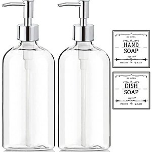 Clear Soap Dispenser with Rust Proof Pump, Waterproof Labels (2 Pack,16 Oz), Soap Dispenser Bathroom, Plastic Hand Soap Dispenser Dish Soap Dispenser for Kitchen, Premium Thick Soap Pump Bottles