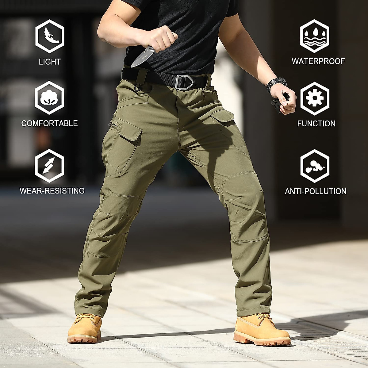 YAXHWIV Men's Flex Ripstop Tactical Pants Lightweight Hiking Casual Cargo Pants for Men with Multi Pockets Water Resistant(No Belt)