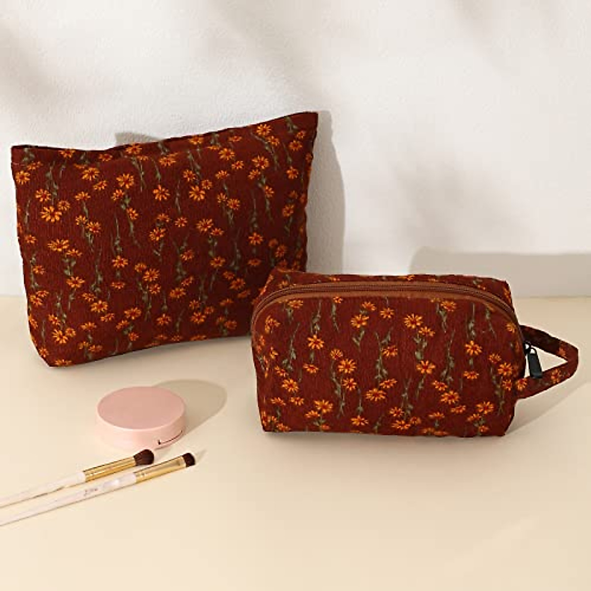 MHDGG 2 Pieces Makeup Bag Set Large Travel Makeup Bag Floral Cosmetic Bag Makeup Bag Pouch Travel Cosmetic Organizer for Women,Brown