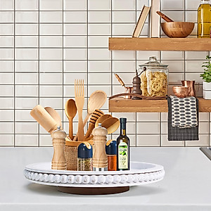 HPC Decor 12 Inch Beaded Lazy Susan- Wooden Lazy Susan Organizer- Farmhouse Table Decor- Round Lazy Susan for Table Cabinet- Kitchen Turntable 360 Degrees Rotating Table Decor Spinning Tray (White)