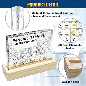 CNQLIS Periodic Table with Real Elements-Inside,Acrylic Periodic Table,3D Periodic Table of Elements,Gift for Teacher Parents Friend Students,Wooden Base(6 * 4.5 * 0.8 inch)