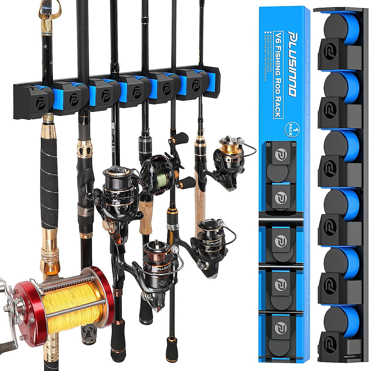 PLUSINNO Fishing Rod Holders - V6 Vertical Support for Extra Large & Heavy Fishing Rod Combos, Garage & Wall Mounted Rack Storage