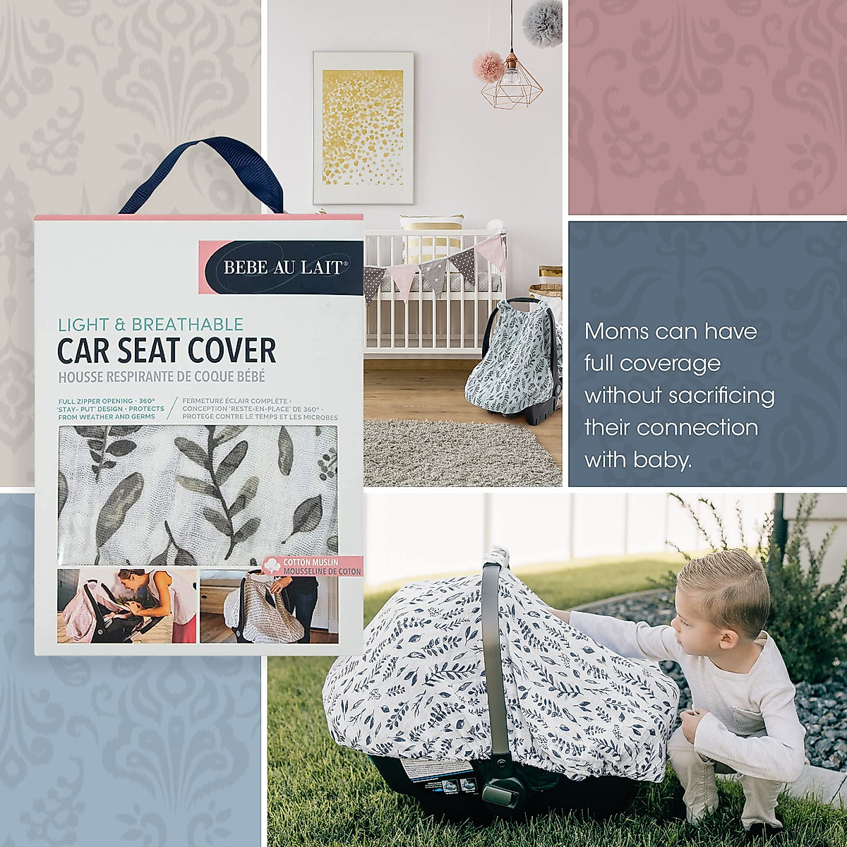 Bebe au Lait Classic Muslin Car Seat Cover -Perfect Baby Car Seat Covers for Babies, Car Seat Canopy, Unisex Baby Car Seat Cover- Easy Snap Straps, Fully Zippered Opening, Breathable- Leaves