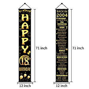 18th Birthday Door Banner Decorations for Boys & Girls, Black Gold Happy 18th Birthday Back in 2004 Sign Party Supplies, 18 years old Birthday Door Porch Decor