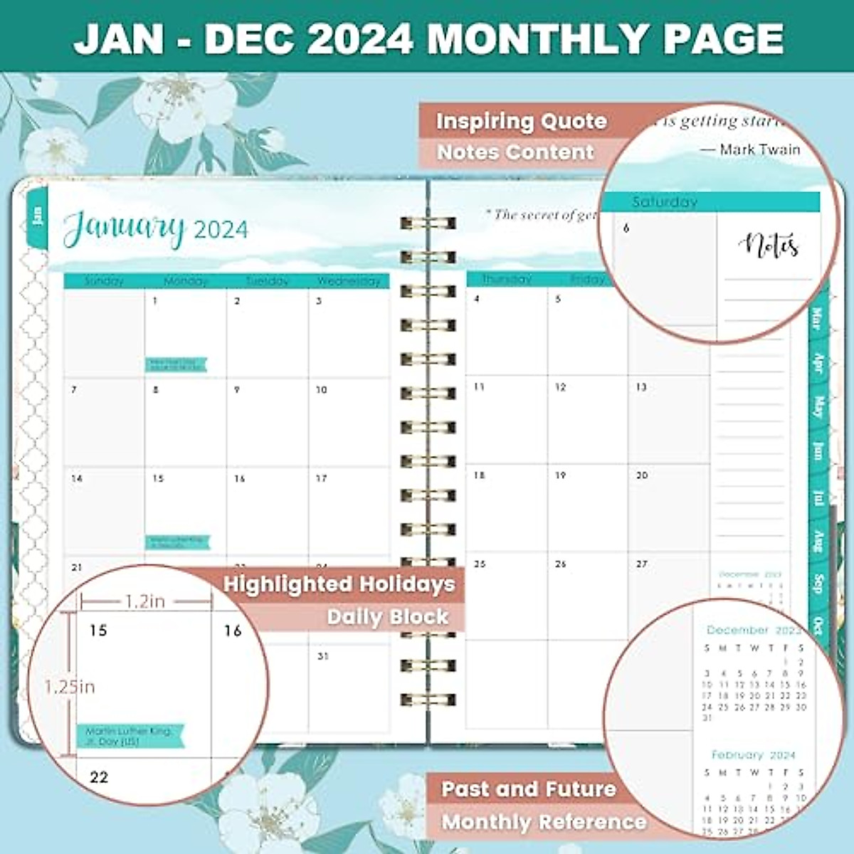 2024 Planner - 2024 Planner Weekly and Monthly, Jan 2024 - Dec 2024, Planner 2024 with Tabs, 6.3" x 8.4", 2024 Calendar Planner with Back Pocket + Thick Paper + Twin-Wire Binding