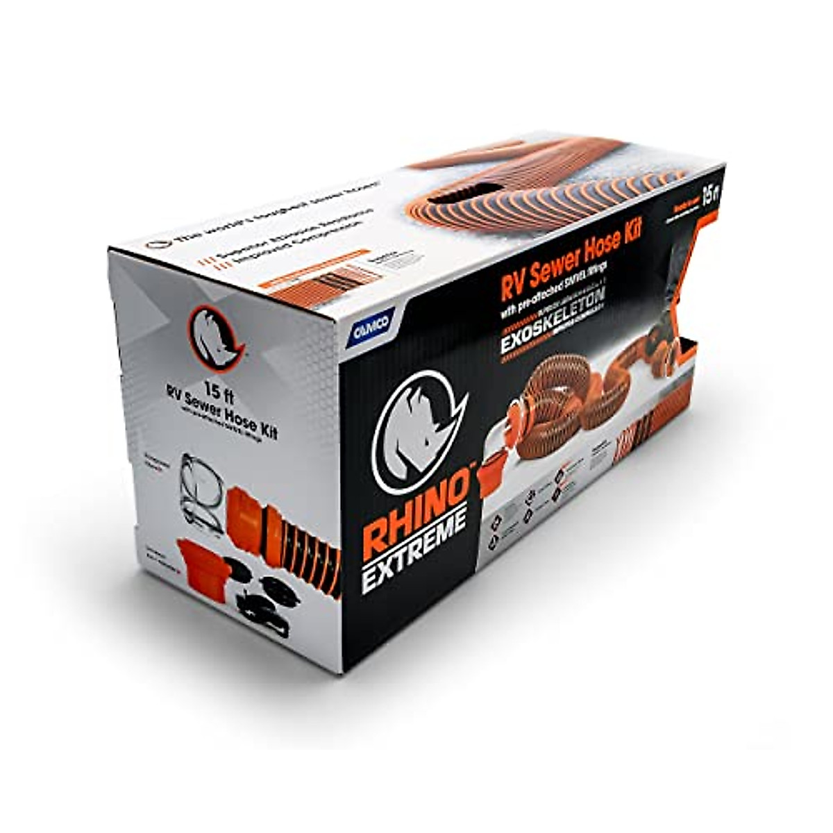 Camco RhinoEXTREME 15-Foot Camper/RV Sewer Hose Kit | Features TPE Technology for Abrasion Resistance and Crush Protection | Includes Pre-Attached Rhino Swivel Fittings (39861)