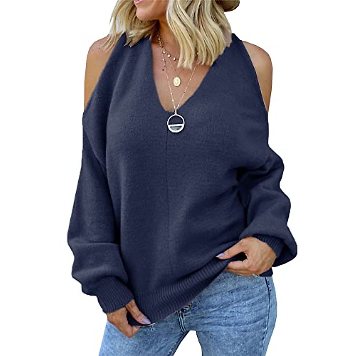 MaQiYa Women's Cold Shoulder Oversized Sweaters Batwing Long Sleeve V Neck Chunky Knit Fall Tunic Sweater Tops