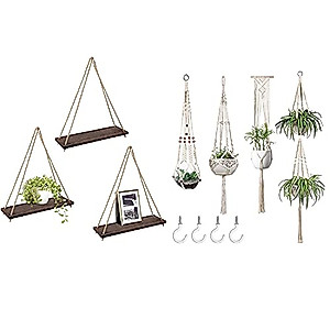 Mkono Set of 3 Wood Wall Hanging Shelves Boho Decor and Set of 4 Macrame Plant Hanger