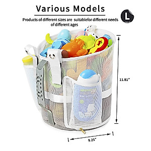 Quick Scoop Mesh Bath Toy Organizer for Tub with YKK Zipper，Multiple Ways to Hang, Ultra Large Capacity & Large Opening, Bathroom Toy Holder, Baby Bath Toys Storage Bag with 2 Side Pockets (White)