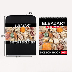 ELEAZAR35 Drawing Pencil Set in a portable zippered case (with 50-page A5 sketchbook) Includes sketching pencils and accessories for children, adults, beginners and professionals