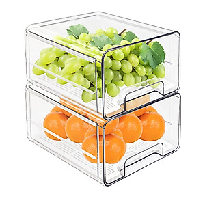 YouLike 2pack Stackable Fridge Drawers Pull Out Bins for Refrigerator Organizer Clear Food Storage Container Set With Drain for Pantry Kitchen Cabinet Office Organization