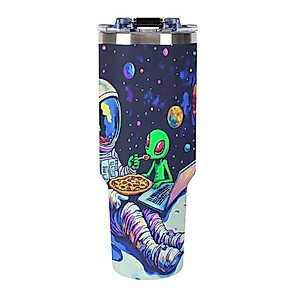 Astronaut Aliens Pizza Insulated Tumblers with Handle Stainless Steel Coffee Mug Funny Travel Cup with Lid Straw 40oz
