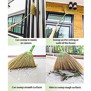 Natural Grass Broom for Sweeping Indoor and Outdoor with Brush Power and Circle Cleaning House, Kitchen, Office,Handmade Broom, Embroidered Woven,Housewarming Gifts Asian Broom 40 inch