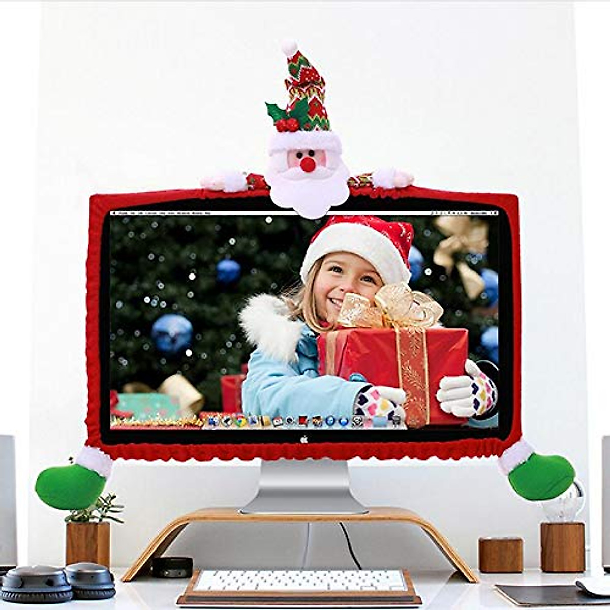 Christmas Computer Monitor Cover, Elastic Xmas Decorations Santa Claus Computer Laptop Monitor Border Cover for Home Office Decor Year Gift Ideas