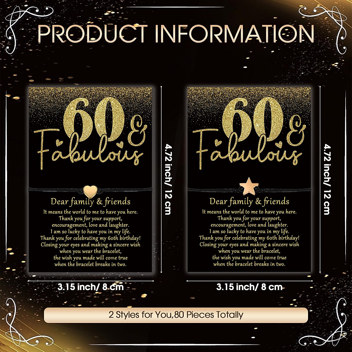 25 Set Birthday Party Gift Favors for Guests Adjustable Wish Bracelets Thank You Fabulous Cards Birthday Bracelets with Heart Star Charm Bags for Birthday Anniversary Guest Souvenirs(60th Birthday)