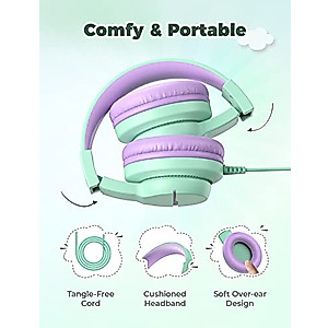 iClever HS19 Kids Headphones with Microphone for School, Volume Limiter 85/94dB, Over-Ear Girls Boys Headphones for Kids with Shareport, Foldable Wired Headphones for iPad/Fire Tablet/Travel, Green