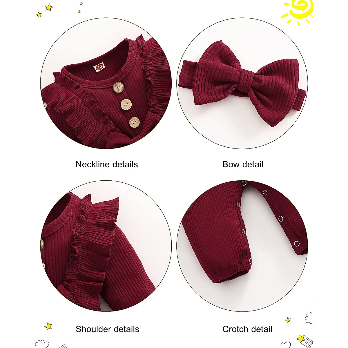 nilikastta Baby Girls Clothes Newborn Infant Ruffle Long Sleeve Romper Jumpsuit(Wine Red2,0-3M)