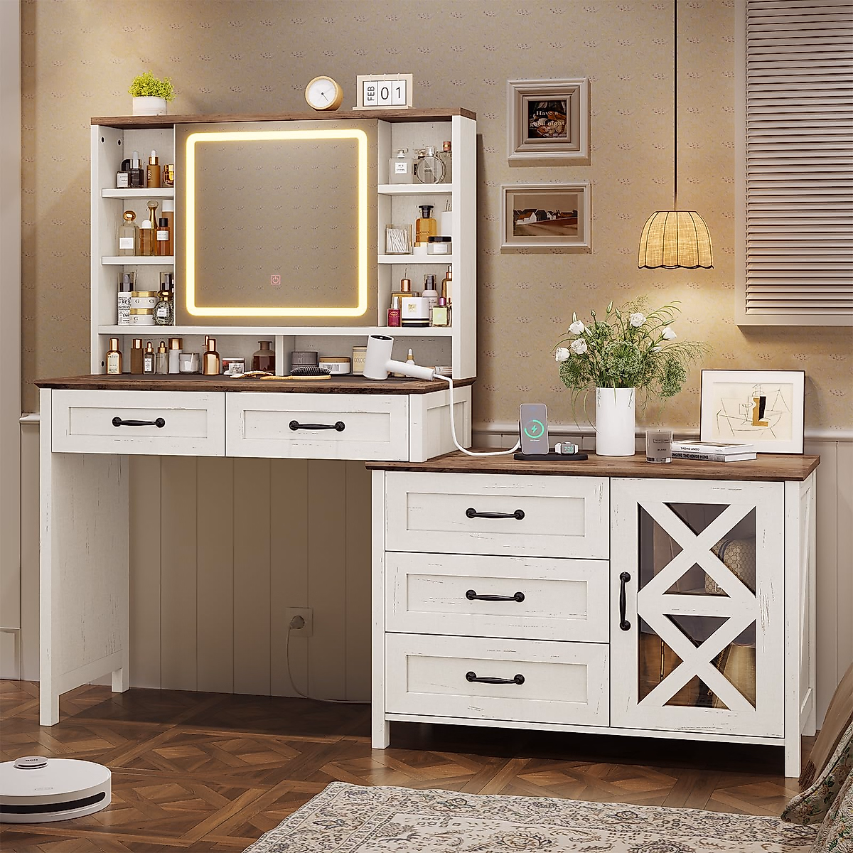 HAUOMS Farmhouse Vanity Desk with Openable Mirror and Lights, White Vanity Table with Drawer Dresser, Glass Top and Charging Station, Large Makeup Desk with 5 Drawers, 9 Shelves, Antique White