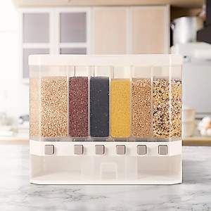 Grain Dispenser with Measuring Cup，Dry Food Dispenser Snack Dispenser Rice Dispenser for Kitchen Organizing，Kitchen Storage 25 Pounds Food Dispensers，6 Grid