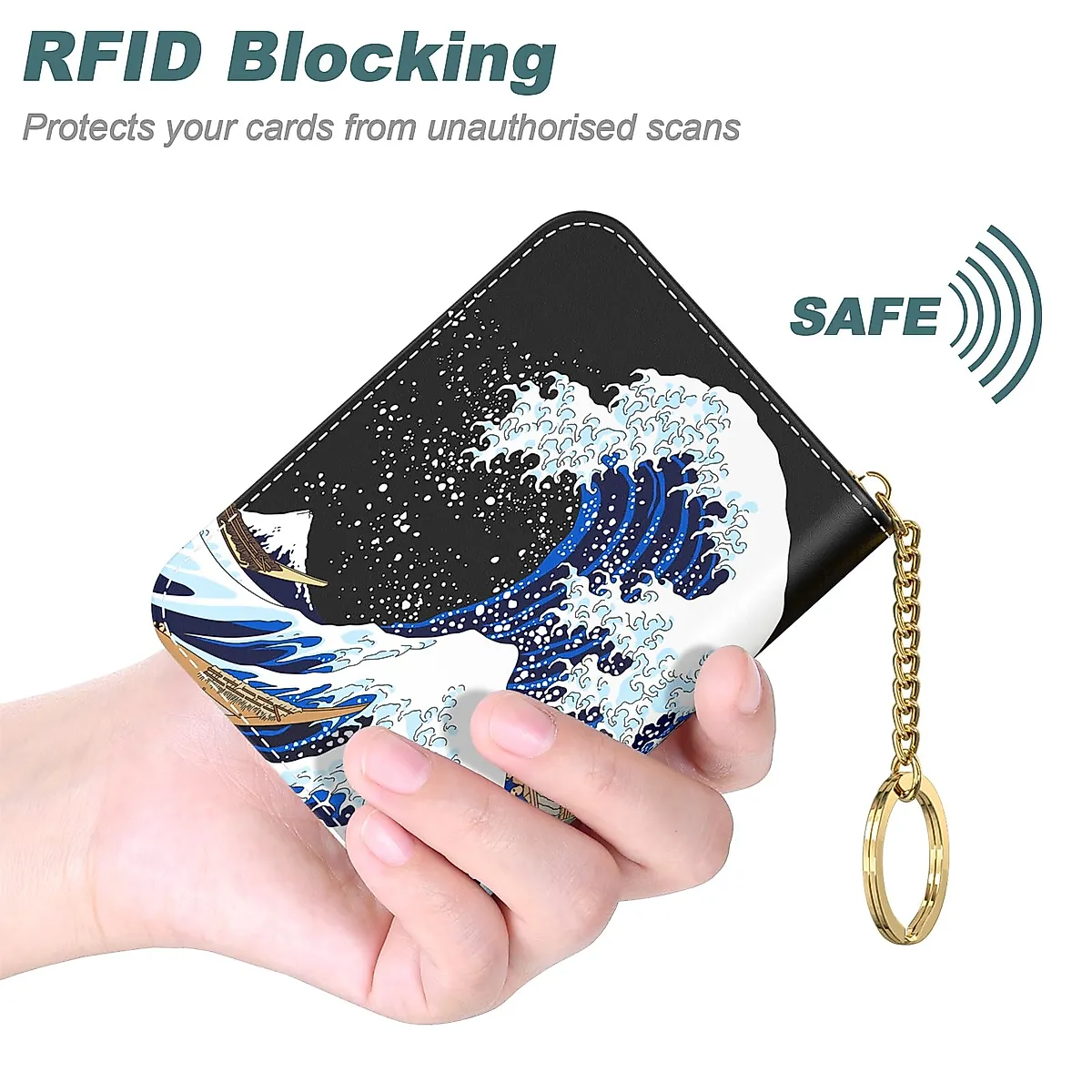 Nipichsha Credit Card Holder, Small RFID Card Wallet for Women, Slim Leather Card Holder Wallet, Credit Card Wallet Organizer, Pocket Business Card Case with Zipper & Keychain, Japanese Wave