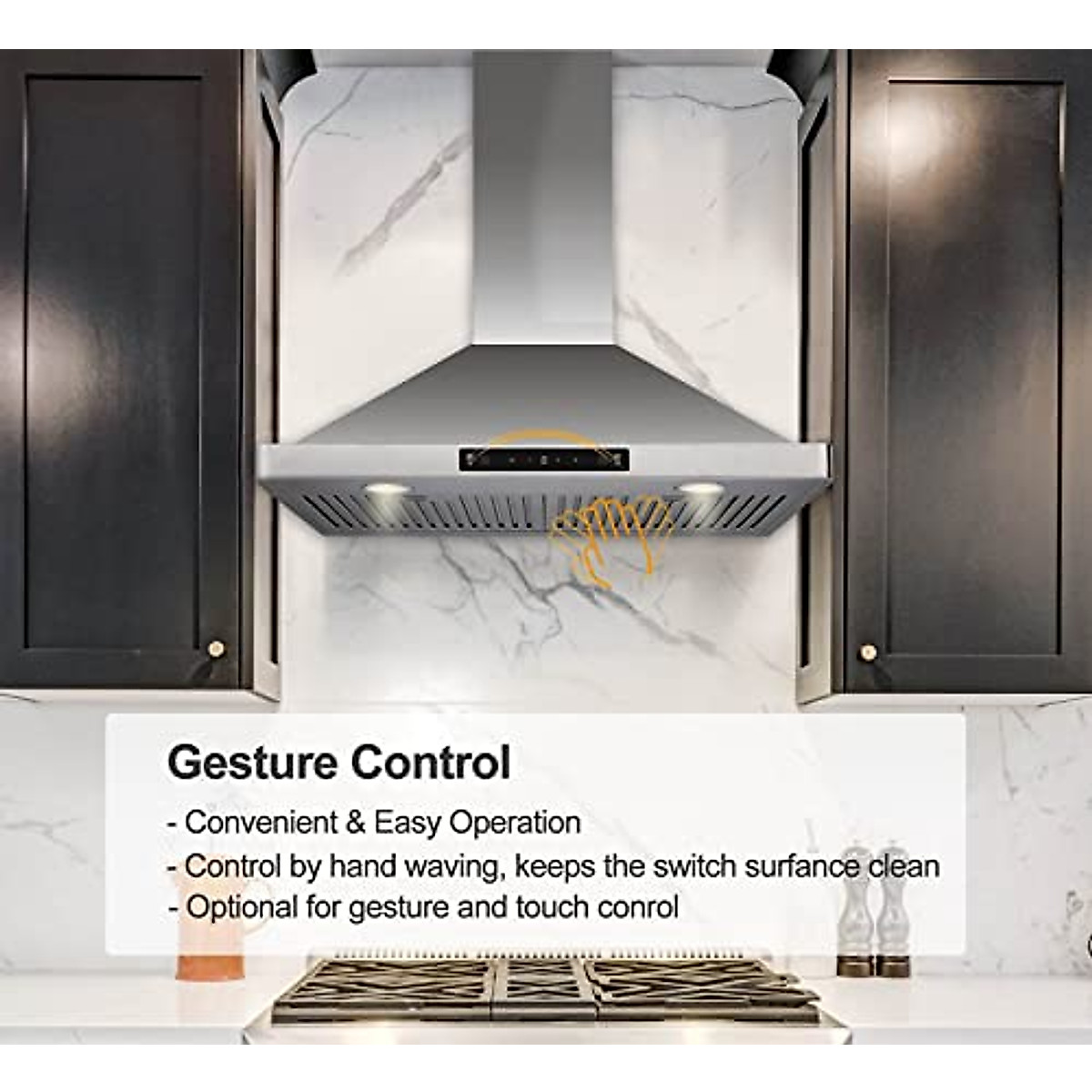 EVERKITCH 36 inch Wall Mount Range Hood 800CFM, with DC Motor, Stainless Steel Vent Hood with 6 Speeds Exhaust Fan, Convertible to Ducted and Ductless, with stainless steel filters