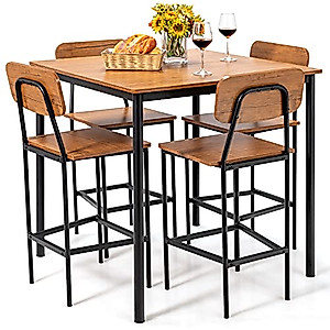 Giantex 5-Piece Dining Table Set W/Counter Height Table & 4 Bar Stools, Industrial Kitchen Dining Table Set W/Footrest & Backrest, Space-Saving Dinette Set for Pub, Dining Room, Restaurant