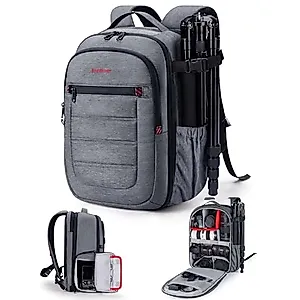 BAGSMART Camera Backpack, Expandable DSLR SLR Camera Bags for Photographers, Waterproof Photography Travel Backpack with 15.6" Laptop Compartment &Tripod Holder, Grey