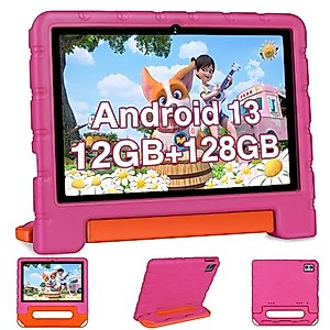 Kids Tablet 10 inch Android 13 Tablets for Kid with Shockproof Case, 12GB+128GB, Octa-Core, 1280 X 800 HD Touchscreen, IWAWA Pre-Installed Parental Control, 2.4G/5G WiFi, 6000mAh, Bluetooth-Rose red
