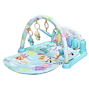 BABY JOY Baby Play Mat, Kick and Play Gym with Detachable Piano, Super Soft Foot Gym Carpet Fitness Rack, 4 Rattle Pendants and 1 Moon, Ideal for Baby Room (Blue)
