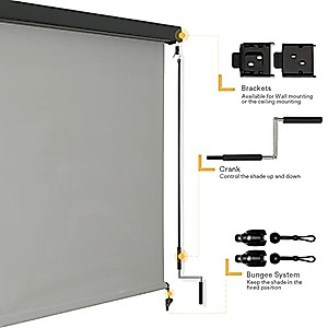 VICLLAX Premium Outdoor Roller Shade PVC Fabric Exterior Roller Shade Crank Operated with Aluminum Protective Valance(8' W X 8' L), Light Grey