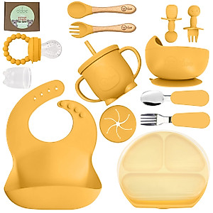 o'doe 17-Pcs Silicone Baby Feeding Set – Baby Led Weaning Supplies With Suction Plates For Toddlers, Baby Plates and Bowls Set | Yellow V2