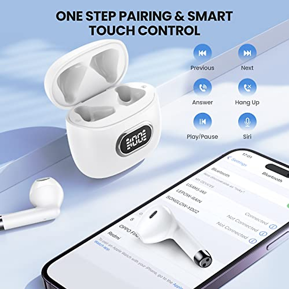 Wireless Earbuds 5.3 Wireless Headphones with LED Display Charging Case, Waterproof IPX7 Hands-Free Headset with Mic, Hi-Fi Stereo Sound, Touch Control, 40 Hours Playback, for iPhone/Android, White
