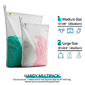 TENRAI Delicates Laundry Bags, Bra Fine Mesh Wash Bag for Underwear, Lingerie, Bra, Pantyhose, Socks, Use YKK Zipper, Have Hanger Loops (White, 1 Large & 1 Medium)