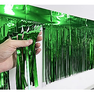 CareCheer 4 Pack 10 Feet Foil Fringe Garland Shiny Metallic Wall Hanging Drapes Tassel Skirting Decorations Supplies for Parade Float Trailer Mardi Gras Party Birthday Wedding (Green)