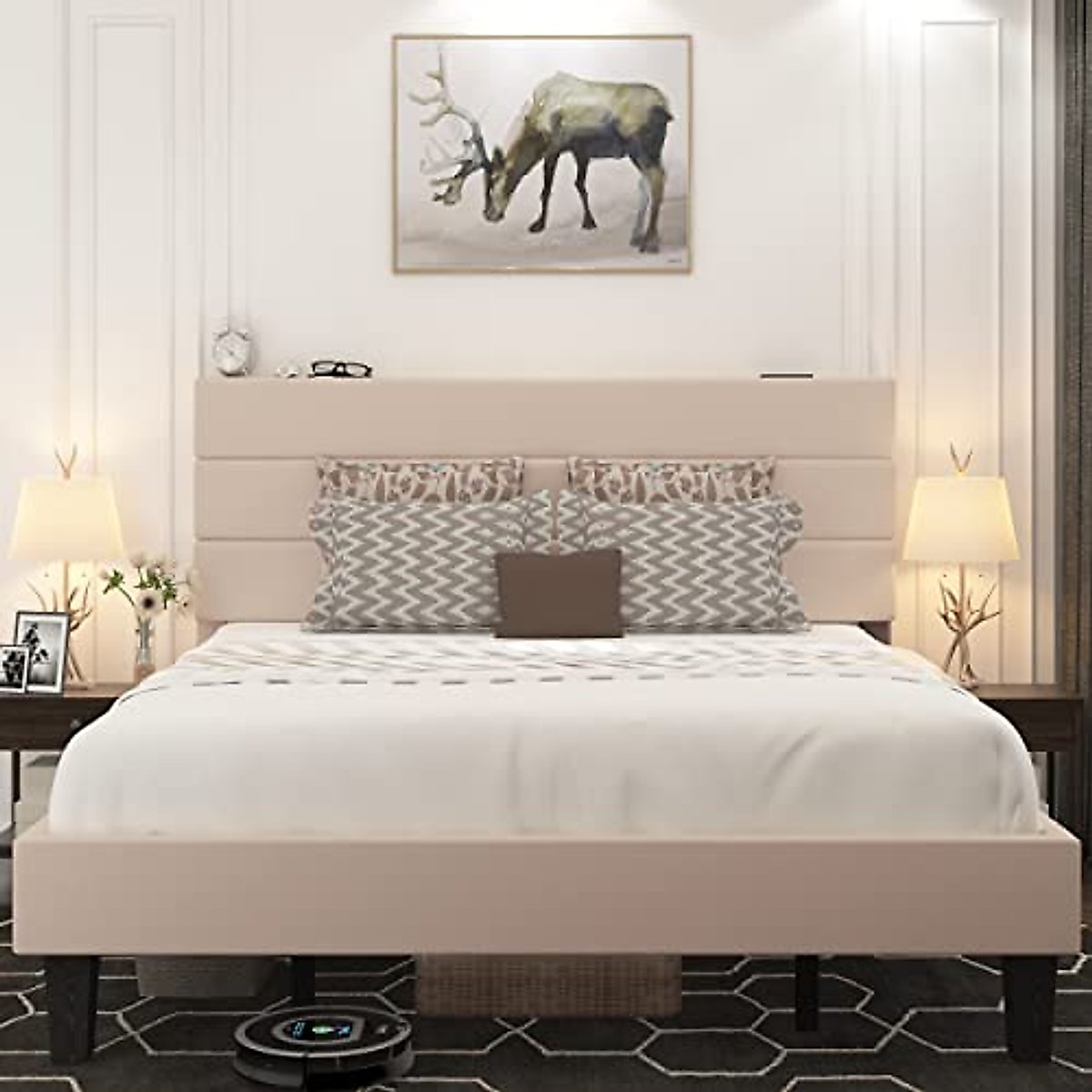 Benevika Full Size Upholstered Platform Bed Frame with Linen Fabric Simple Style Headboard and Wooden Slats Support, Upholstered Mattress Foundation, No Box Spring Needed, Easy Assembly, Beige