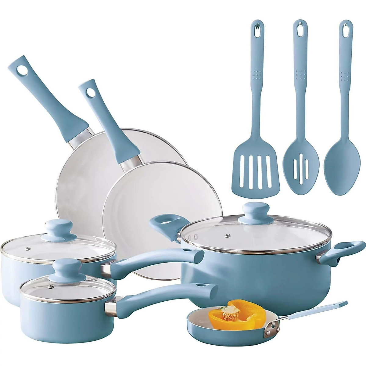 12pc Ceramic Cookware Set, Cookware Pots and Pans Set, PFAS-Free, Dishwasher Safe, Blue Linen