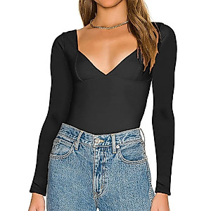 ABYOVRT Women Low Cut Tops Backless Deep V Neck Long Sleeve Crop Tops Sexy Y2k Shirt Going Out Club Wear (C-Black,S)