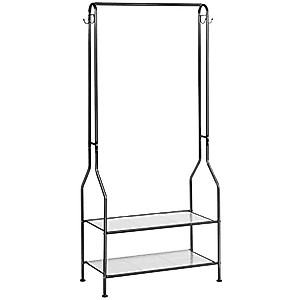 OSGP Heavy Duty Commercial Grade Clothing Garment Rack, 2-Tier Entryway Metal Coat Rack and Shoe Bench Storage Stand with Single Rod and 4 Hooks for Home Office Bedroom Max Capacity 66.1lbs, Black