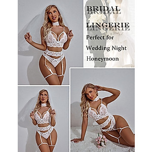 Avidlove Lingerie with Gartere for Women Lenceria Sexy Para Mujer Floral Lace Lingerie(White,M)