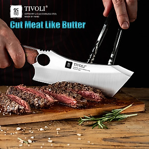 TIVOLI Meat Cleaver with Feather Knife set, Forged Full Tang Knife with Sheath Kitchen Cooking Knife Meat Cleaver Viking Brisket Knife
