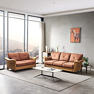 Myshle 2+3 Sectional Storage, Sleeper Couch Chaise with Curved Arm, Upholstered Sofa with Seat Cushion and Wood Legs for Living Room,Bedroom,Office, Linen Fabric, Faux Leather, Red Brown