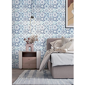 Dimoon Wallpaper 17.7’’x78.7’’ Contact Paper Thicken Blue White Floral Flower Tile Peel and Stick Removable Wall Waterproof Embossed Self Adhesive Vinyl