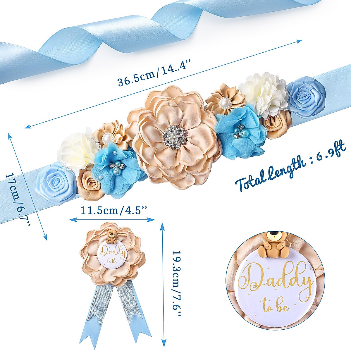 XINRUI Floral Maternity Sash Mummy Daddy to Be Corsage Pin Set Blue Teddy Bear Baby Shower Sash Belly Belt Flower Pregnancy Photo Props Maternity Photography (Champagne)