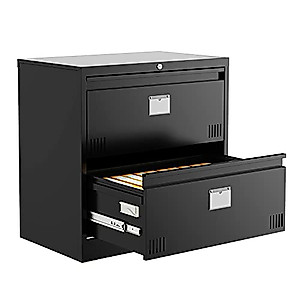 Gwichomo Lateral File Cabinet with Lock, 2 Drawer Metal Filing Cabinets for Home Office Hanging Letter/Legal/F4/A4, Metal Horizontal File Cabinet with Card Slot for Easy Organization(Black)
