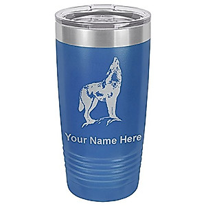 LaserGram 20oz Vacuum Insulated Tumbler Mug, Howling Wolf, Personalized Engraving Included (Dark Blue)